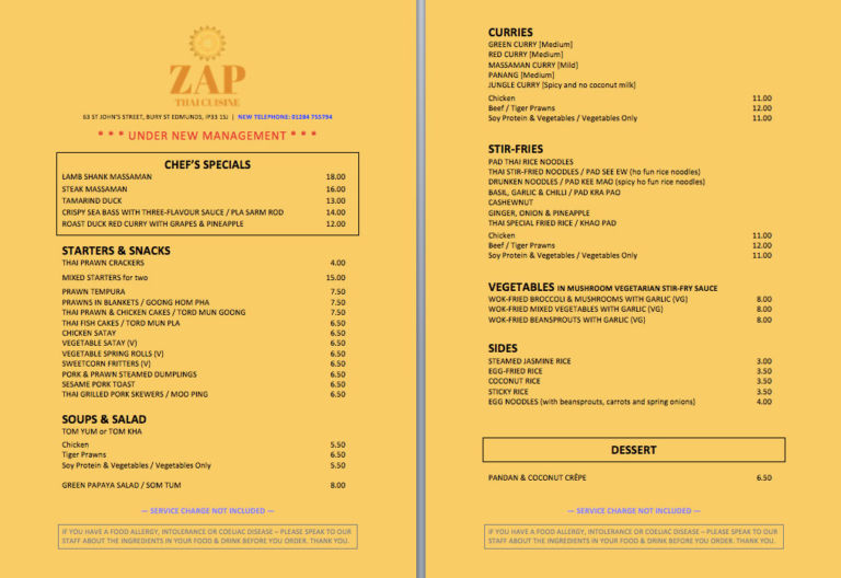 Our Menu - Zap Thai Cuisine