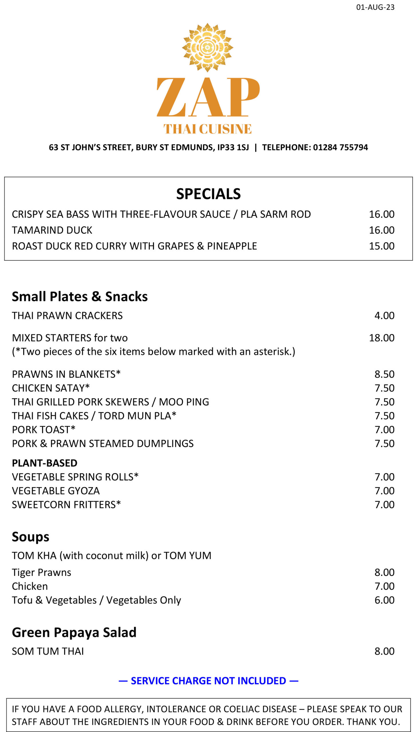 Our Menu - Zap Thai Cuisine